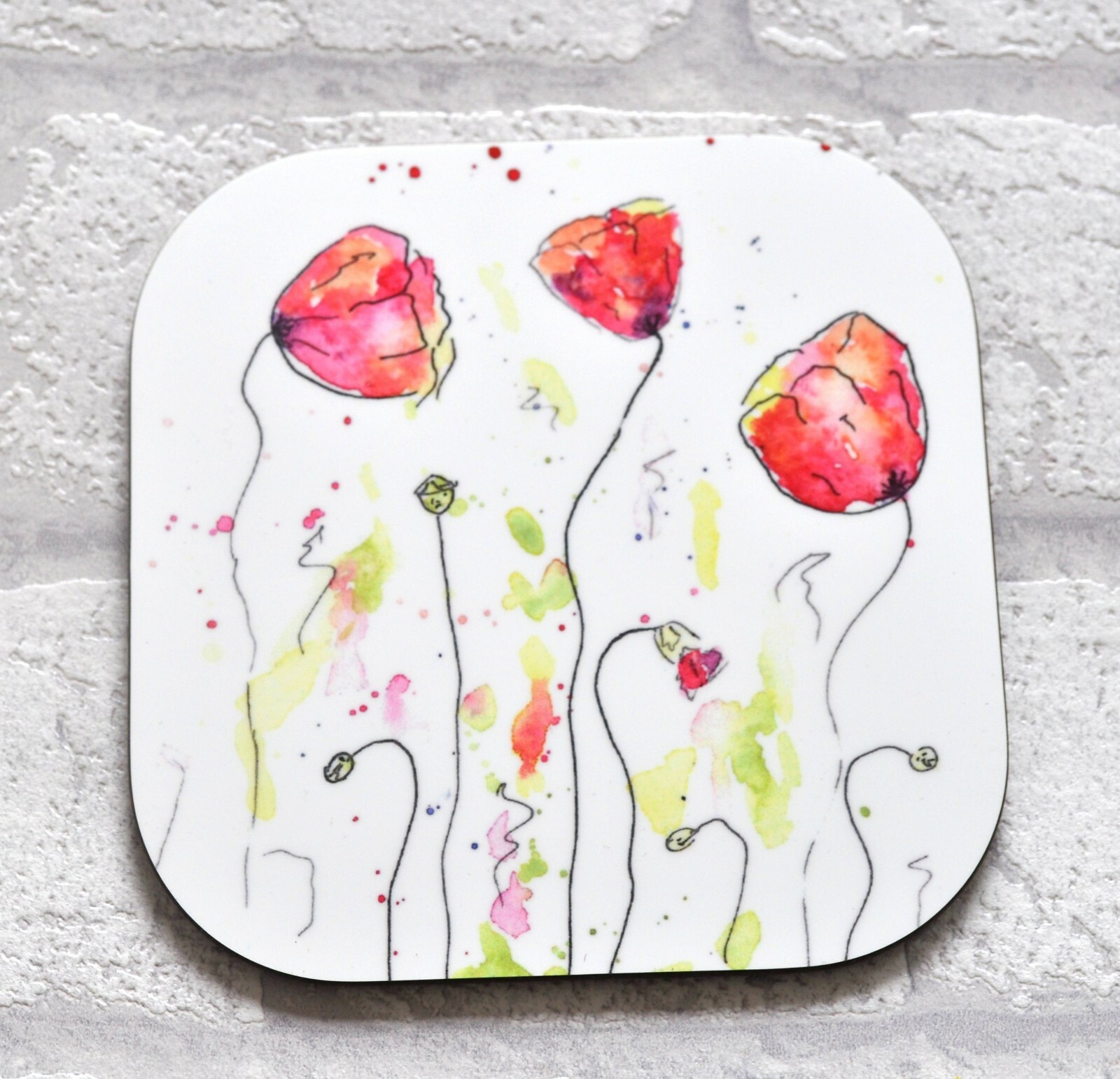 Watercolour Poppy Coaster, Flower Square Wooden Coaster | eBay UK