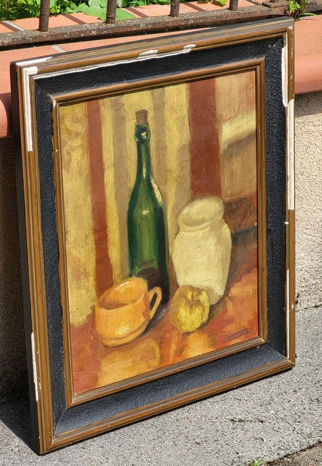 Tableau signé Nature morte Bouteille Vase Tasse. Peinture huile sur ...