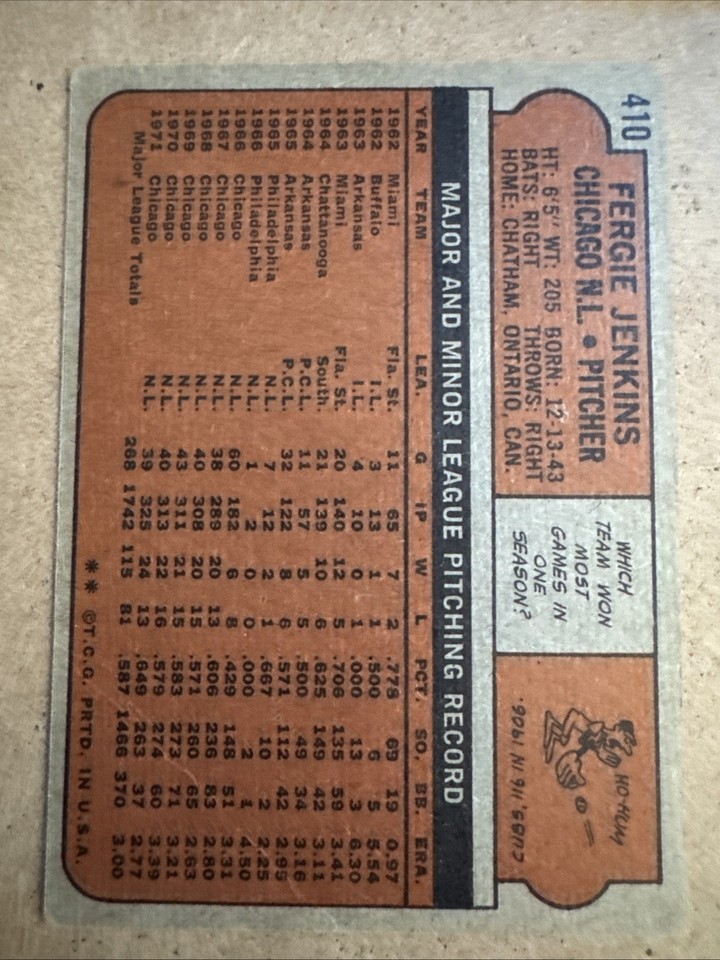 1972 Topps #410 Fergie Jenkins Autographed Signed AUTO Card Chicago ...