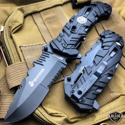 9" M-TECH USMC MARINES Assisted Spring Open Tactical Rescue Folding ...