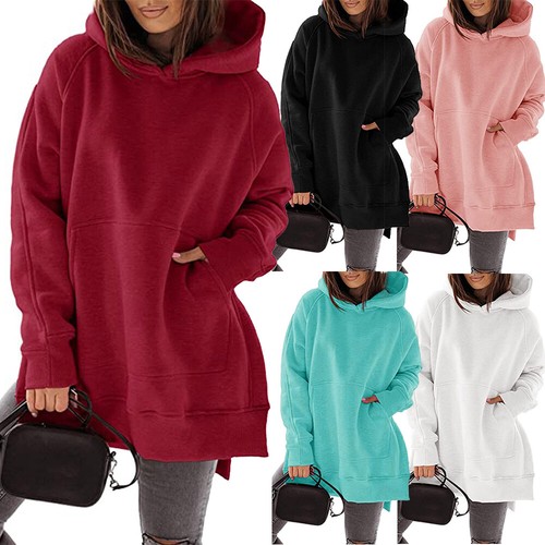 Side Split Warm Hoodie Autumn Long Sleeve Hooded Sweatshirt Pullover ...