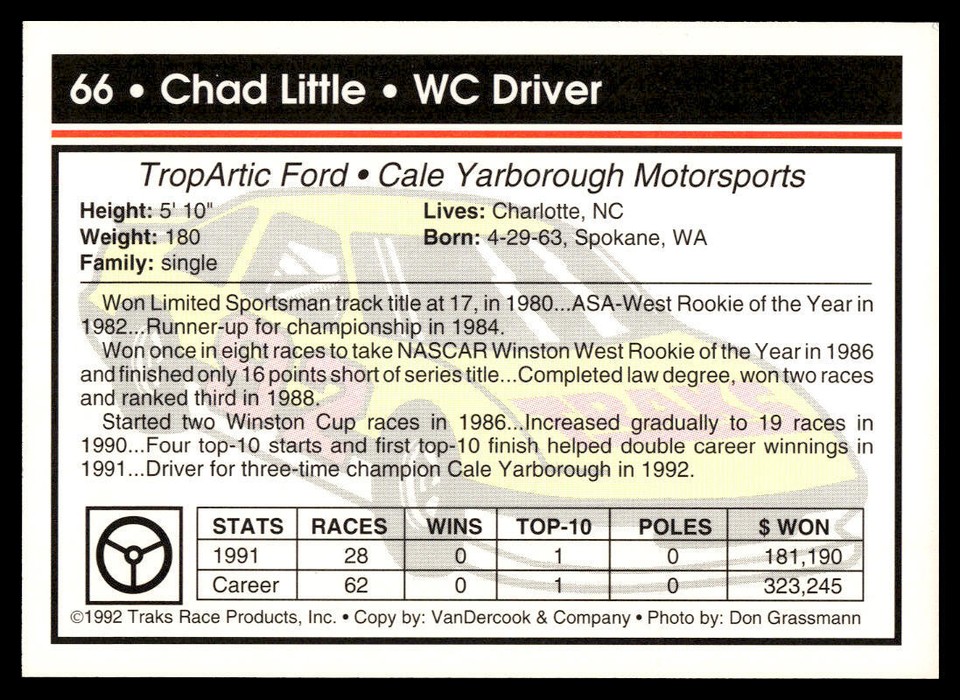 1992 Traks #66 Chad Little Cale Yarborough Motorsports 92D | eBay