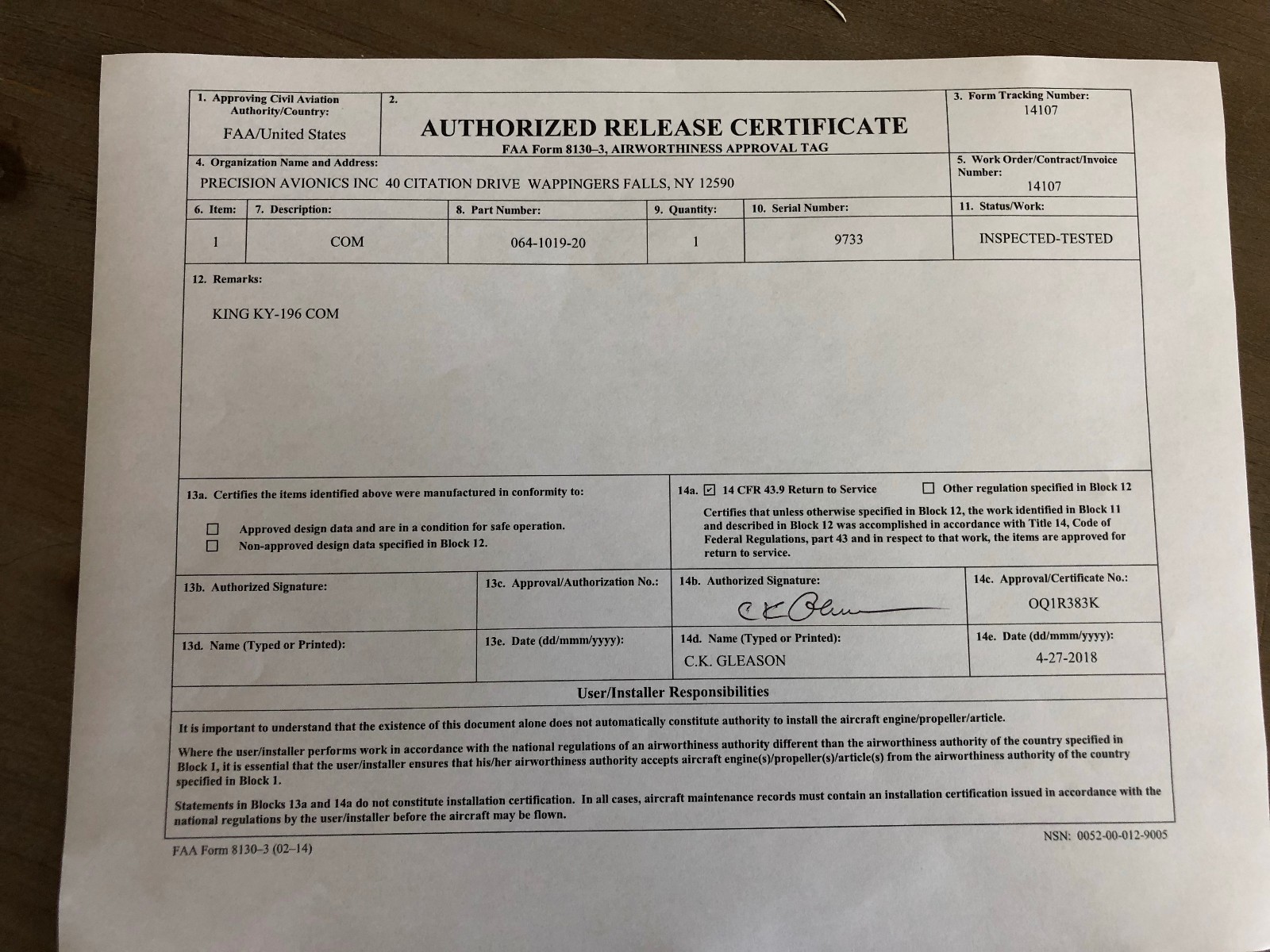 BENDIX KING KY 196 28 VDC P N 064 1019 20 WITH FRESH FAA FORM 8130 3 EBay BENDIX KING KY 196 28 VDC P N 064 1019 20 WITH FRESH FAA FORM 8130 3 EBay