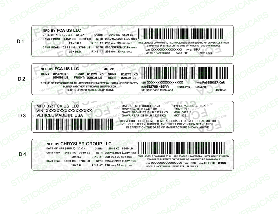 FCA JEEP DODGE CHRYSLER VIN Sticker Decal Tire Loading Information ...