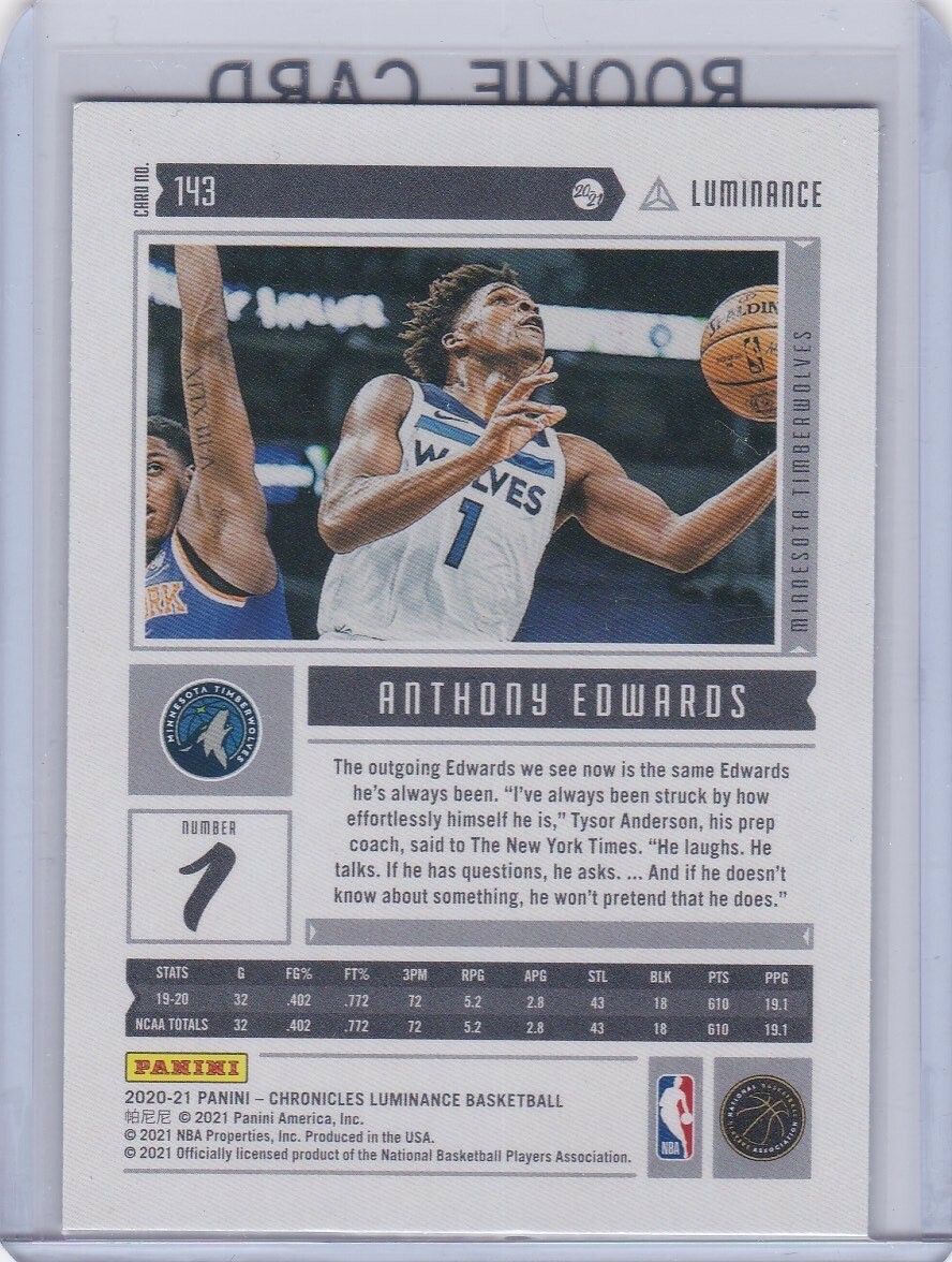 ANTHONY EDWARDS ROOKIE CARD Minnesotra Timberwolves 2020/201 Panini ...