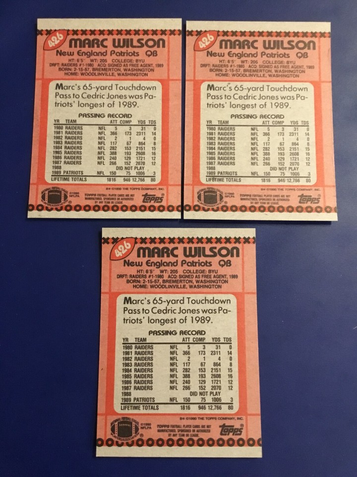 1990 Topps # 426 MARC WILSON Lot 3 QB New Engalnd Patriots | eBay