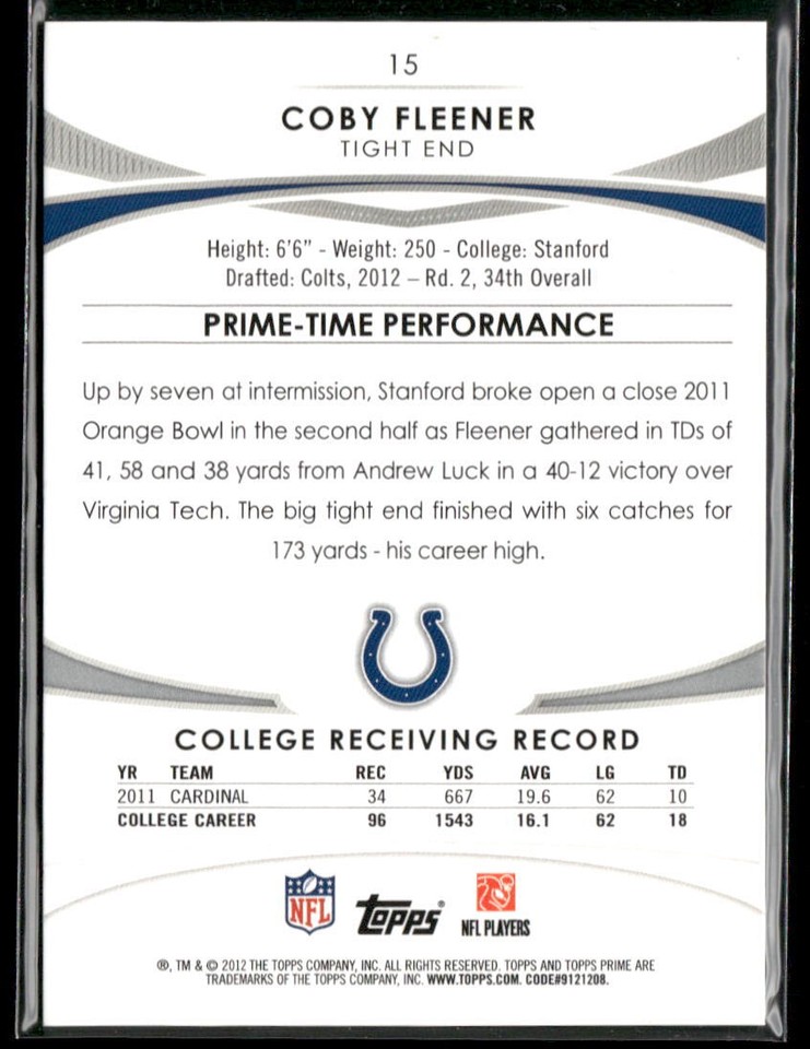 2012 Topps Prime Hobby Coby Fleener 15 Gold SN250 Indianapolis Colts | eBay