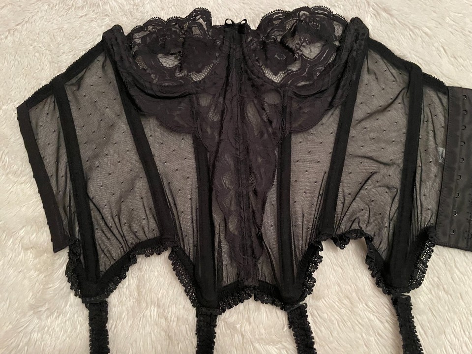 Vtg VANITY FAIR Lace Sheer Mesh Corset Bra Garter Merry Widow 32 XS ...