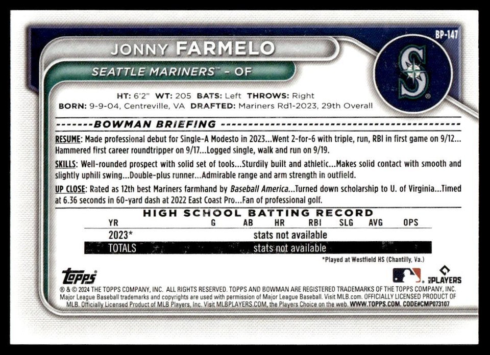 2024 Bowman BP-147 Jonny Farmelo Seattle Mariners Baseball Card | eBay