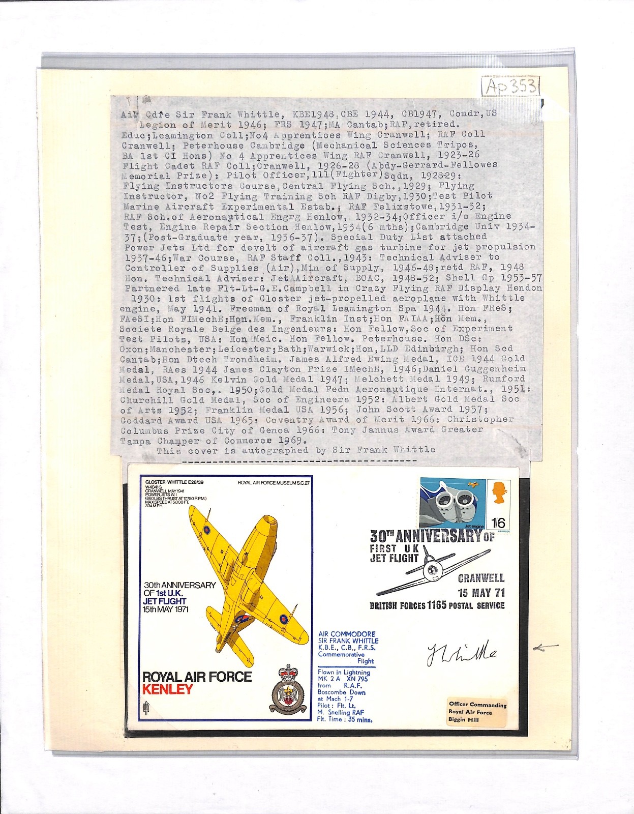 GB QEII RAF Cover Signed *Sir Frank Whittle* JET-ENGINE POINEER Flown ...