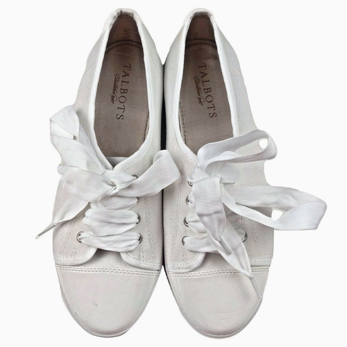 Talbots Sneakers 7M White Canvas Ribbon Lace Up Patent Cap Toe-READ ...