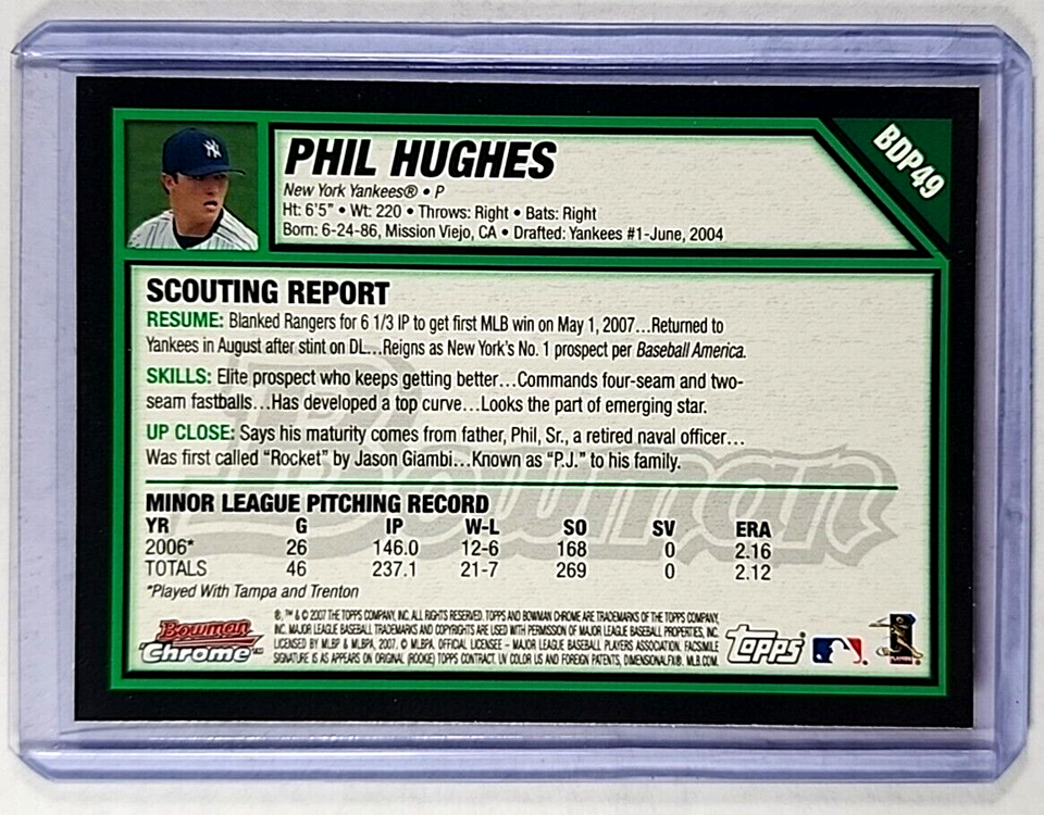 2007 Bowman Draft Chrome #BDP49 Phil Hughes Rookie RC New York Yankees ...