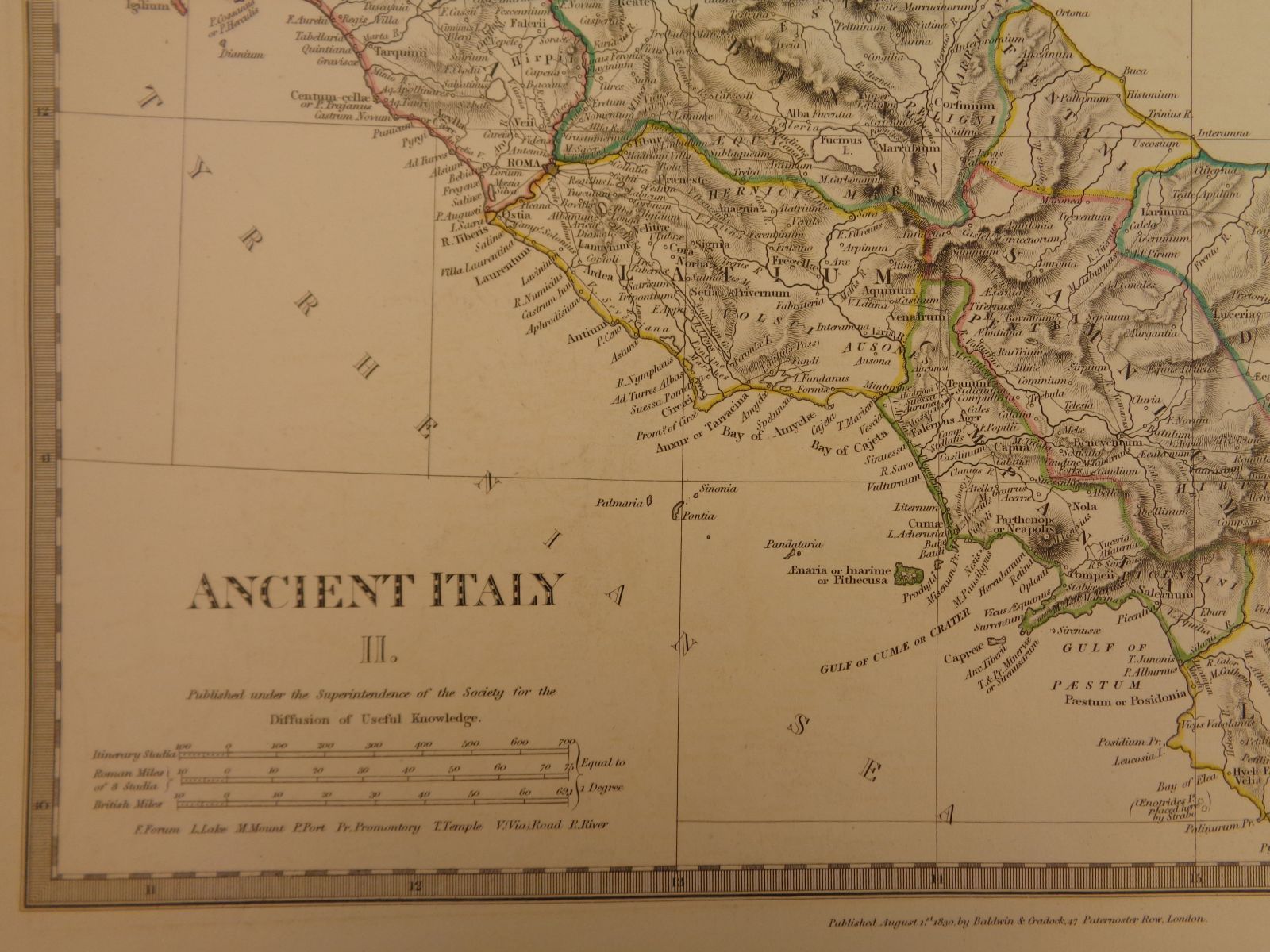 1844 BEAUTIFUL Huge Color MAP of Ancient Italy Gulf of Tarentum ATLAS ...