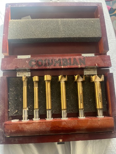 COLUMBIAN FORSTNER BIT SET WITH ORIGINAL WOODEN CASE, 7 PC, 3/8" SHANK ...