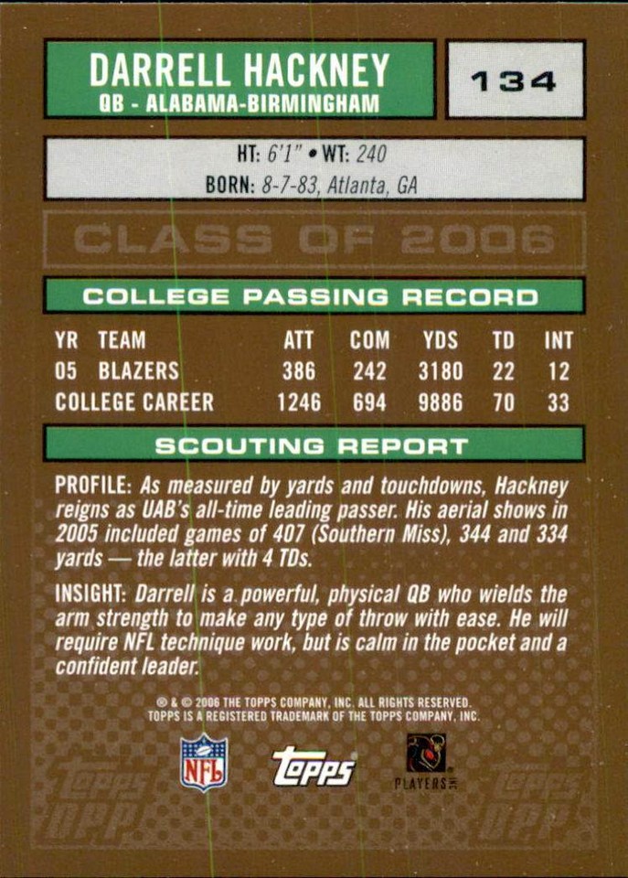 2006 Topps Draft Picks & Prospects Base Rookie #134 Darrell Hackney UAB ...