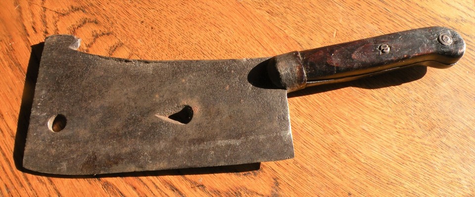 Primitive ANTIQUE MEAT CLEAVER Cast Iron Blade Wood Handle 13.5 ...