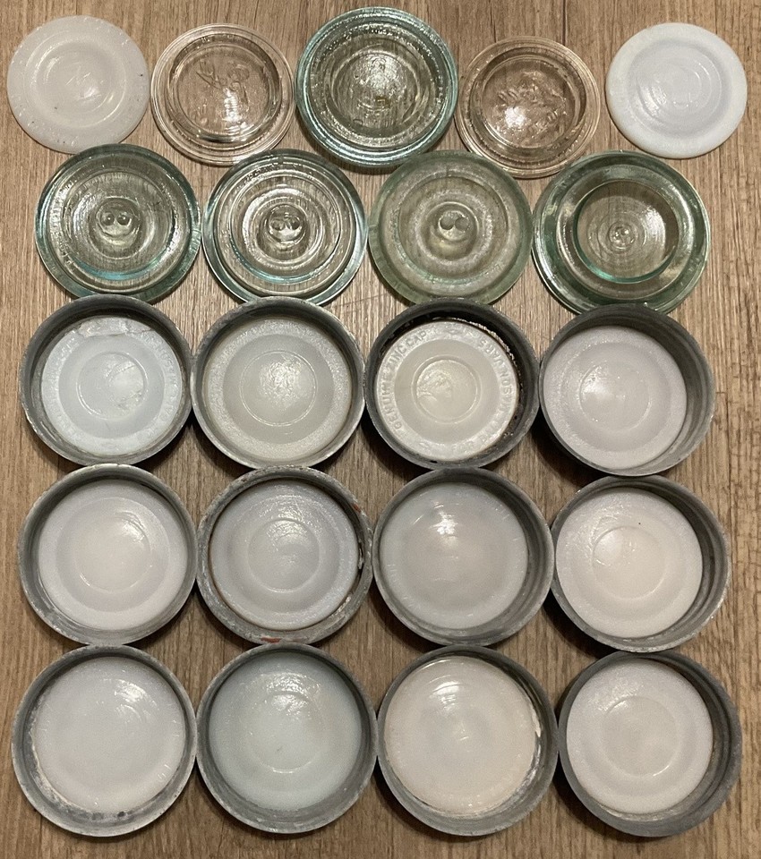 12 Zinc Fruit Jar Lids & 9 Glass Tops Blue Green Bale ~ Lightning CFJ ...