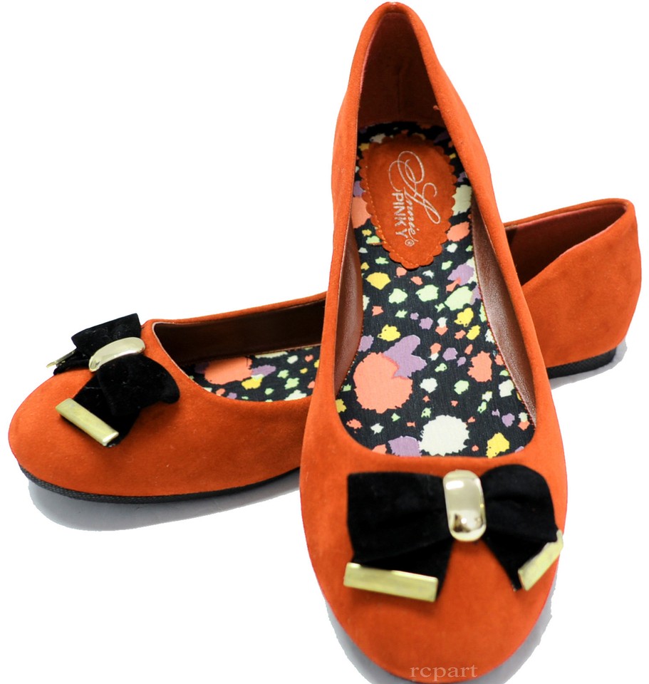 New women's shoes orange ballet flat ballerina suede like black bow ...