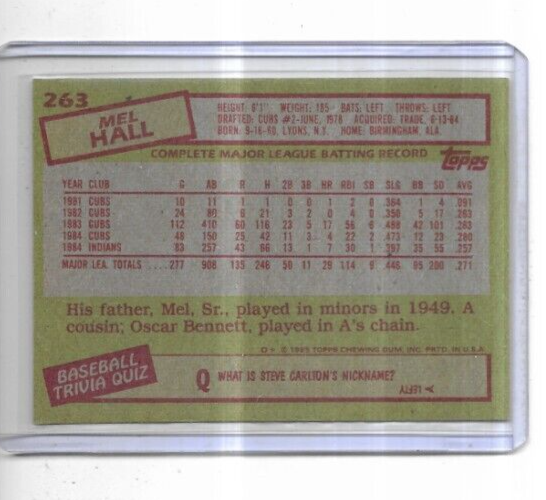 1985 Topps #263 Mel Hall Cleveland Indians | eBay