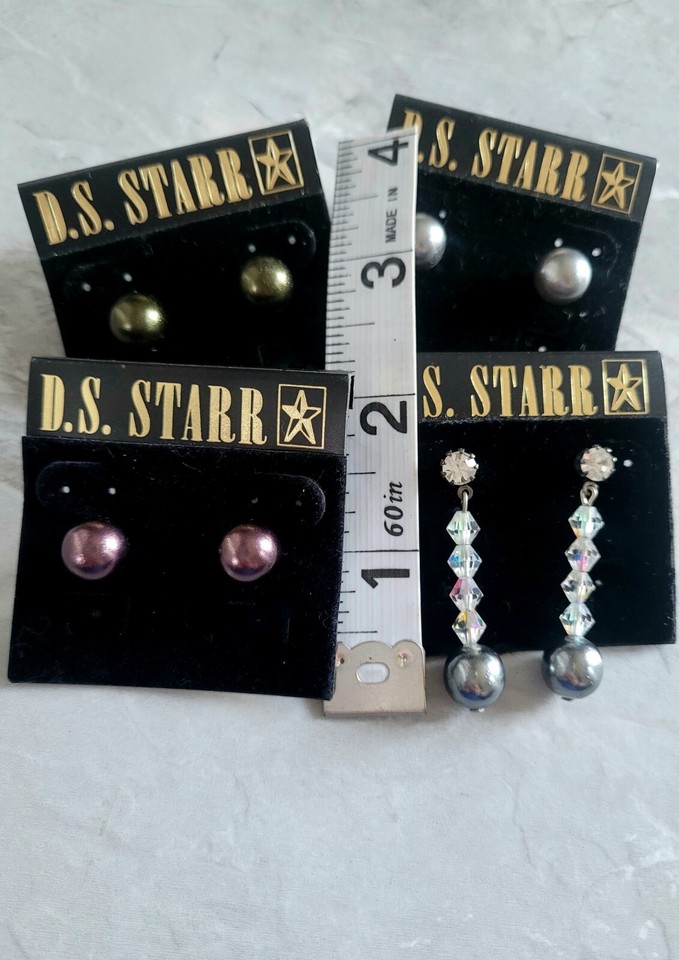 LOT 4 Earrings Vtg Round Pearl Studs Lovely Colors & Rhinestone Crystal ...