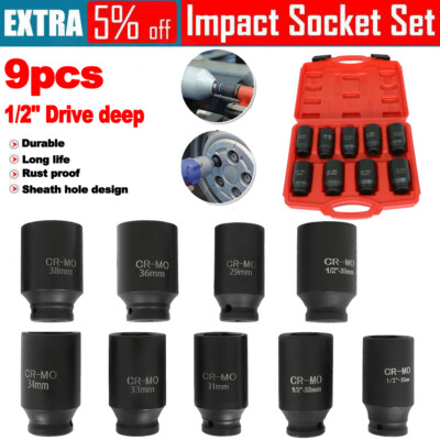 9pcs Deep Impact Socket Set 1/2" 6Pt Drive Metric Axle Hub Nut Socket ...
