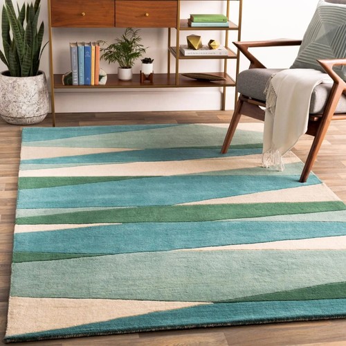 Hand Tufted Sage and Green Wool Rug Geometric Abstract Design Handmade ...