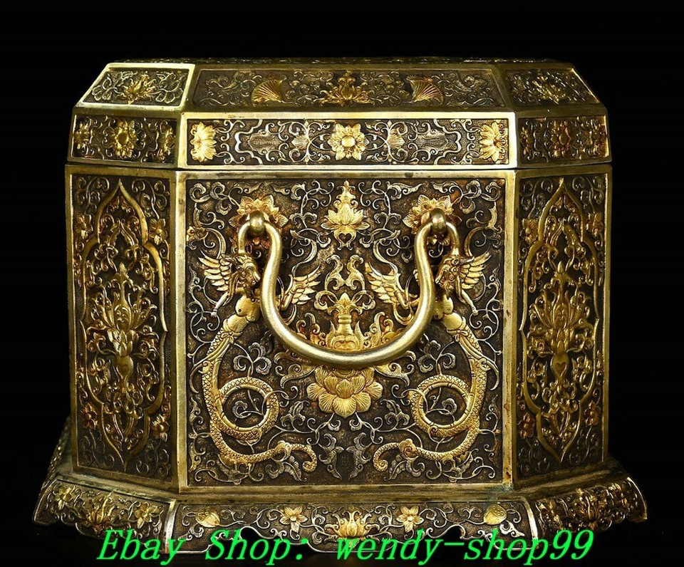 12" Old Copper 24 K Gold Phoenix Guanyin Buddha Buddhist scripture Book ...