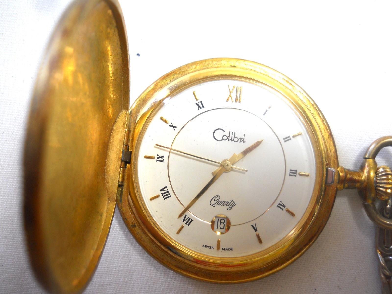 VINTAGE COLIBRI GOLD POCKET WATCH WITH SILVER 12" CHAIN QUARTZ | eBay