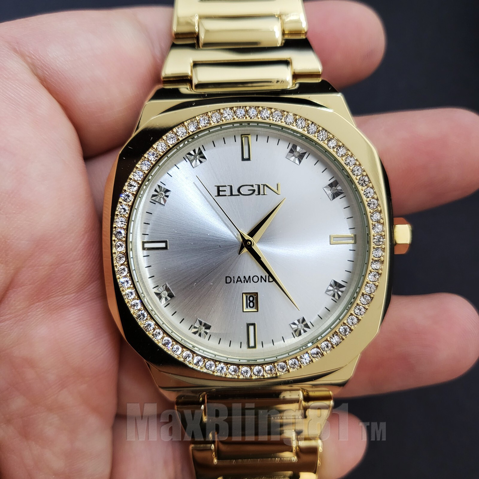 ELGIN Men's Analog Watch Gold Plated Stainless Steel Date Diamond Bracelet | eBay