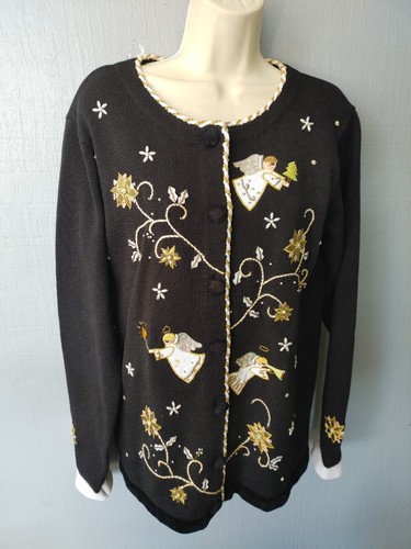 Quacker Factory Cotton Blend Black Christmas sweater Angel Beaded size ...
