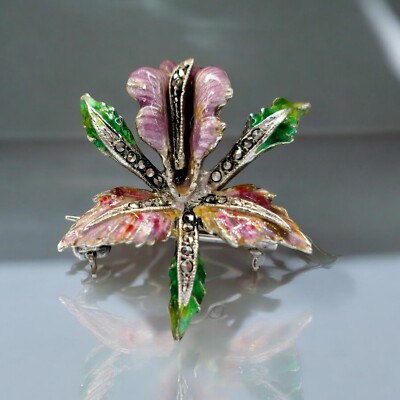 Argentium 935 Silver Enamel Marcasite Lilly German Brooch Pin 1" Bright ...