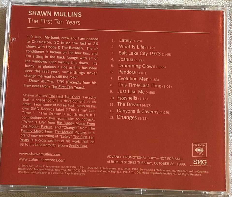 The First Ten Years By Shawn Mullins Promotional Disc (CD, LN-MINT) (19 ...