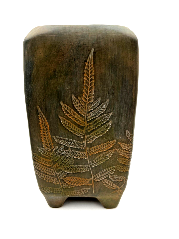 Studio Art Pottery Fern Leaf Embossed Slate Gray Vase with Legs 8" T x ...
