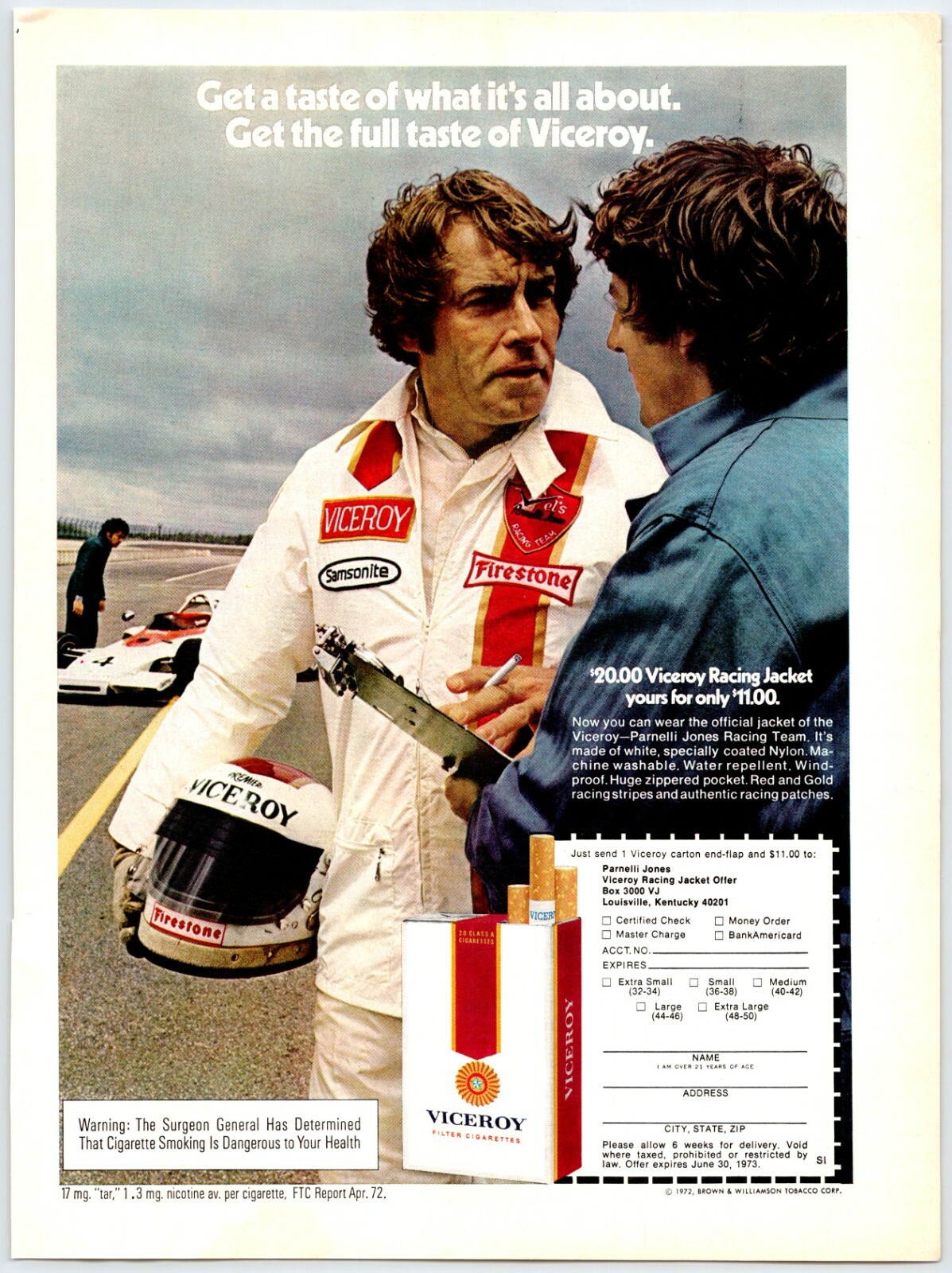 1972 RACE CAR DRIVER VICEROY CIGARETTES Vintage 8" X 11" Magazine Ad ...