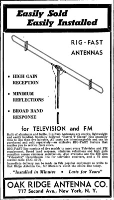 Oak Ridge Antenna Co TV FM Rig Fast Videowire Broad Band New York 1947 ...