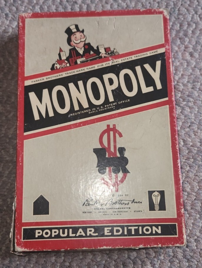VTG 1954 Monopoly Game Box With Pieces Money Houses Hotels No Board ...