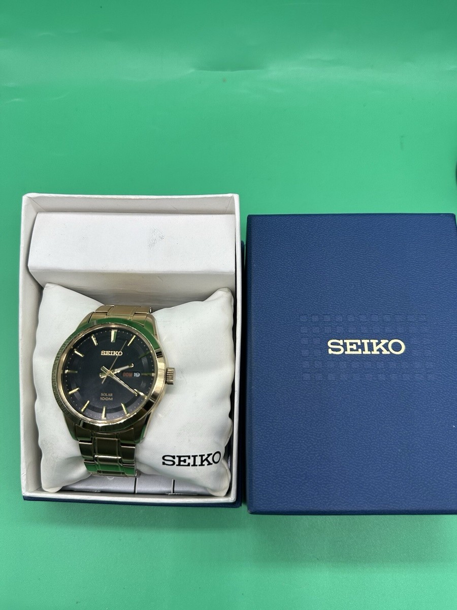 Seiko Solar 100m V158-0AS0 Seiko Solar Black Face Gold Tone Seiko Solar 100m V158-0AS0 Seiko Solar Black Face Gold Tone
