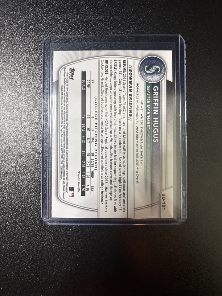 Griffin Hugus 2025 1st Bowman Draft Sky Blue Border /499 Mariners RC # ...