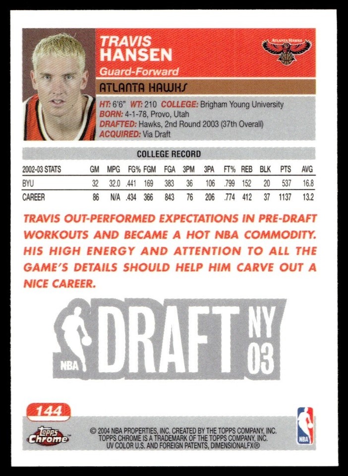 2003-04 Topps Chrome Travis Hansen Rookie G23 Atlanta Hawks #144 | eBay