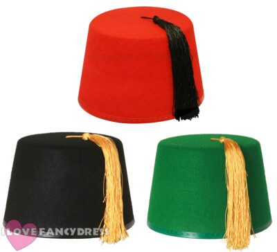 PACK OF 3 ADULT FEZ HATS RED BLACK GREEN WITH TASSEL MOROCCAN FANCY ...