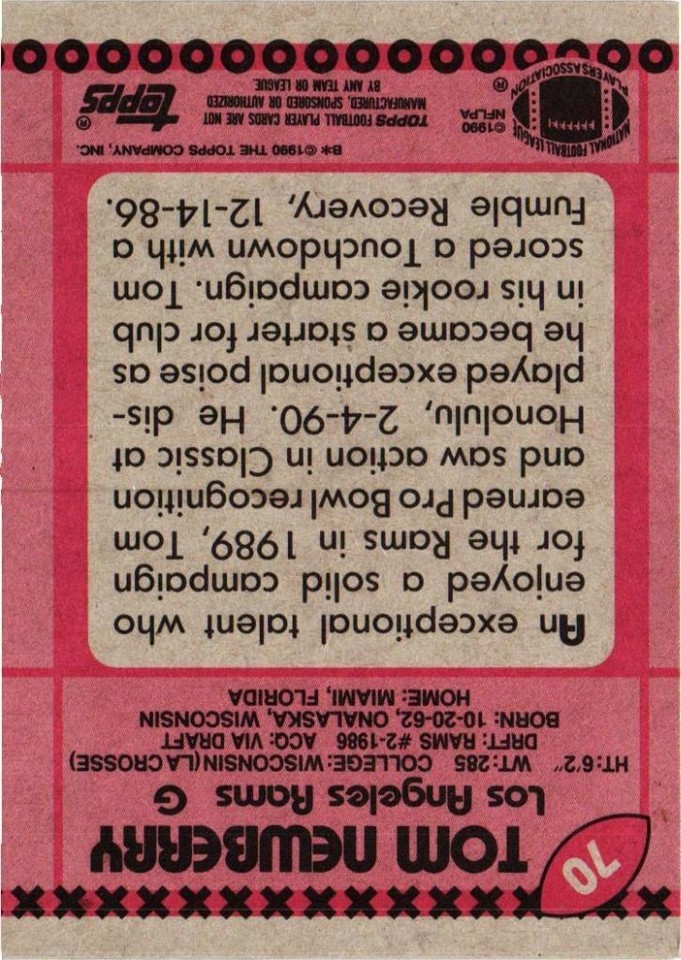 TOM NEWBERRY 1990 Topps Football #70 FREE SHIPPING B20R4S27P2 | eBay