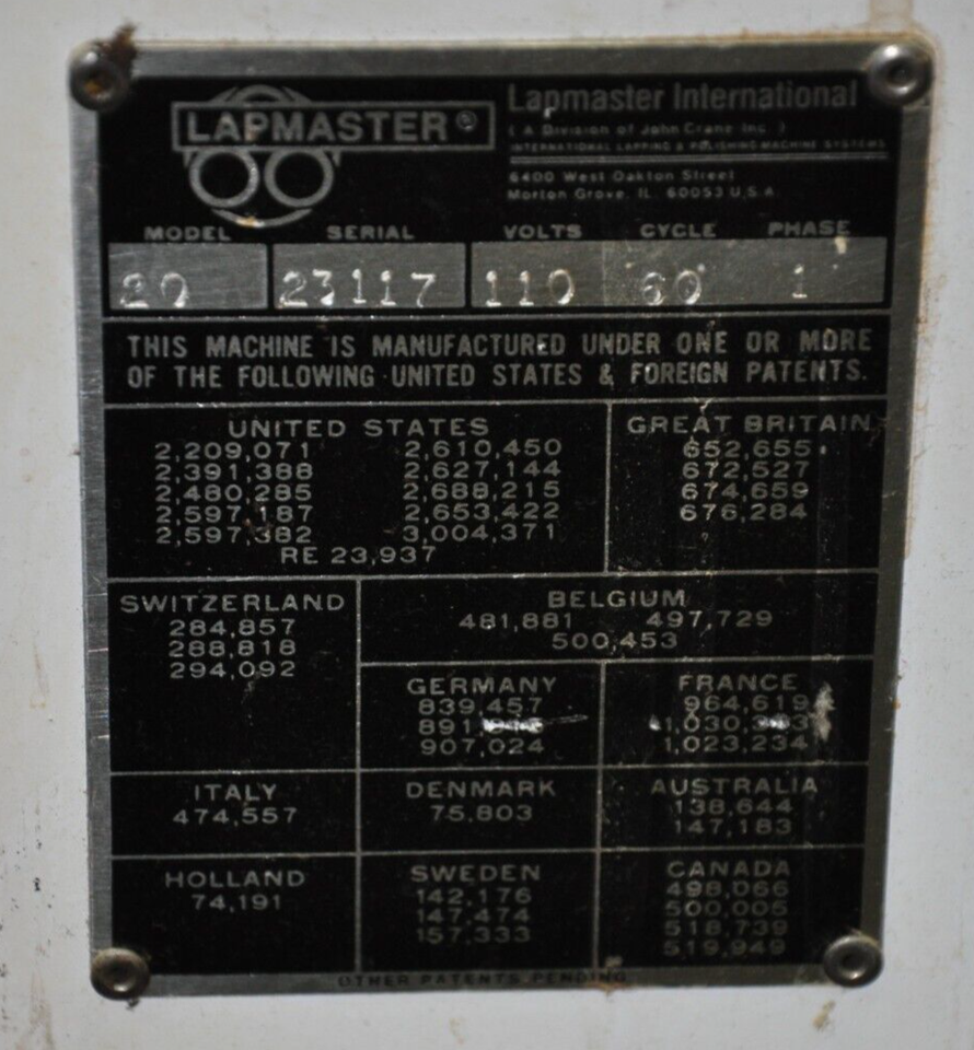 Lapmaster Heavy Duty Bench "20" Single Sided Lapping Polishing Machine ...
