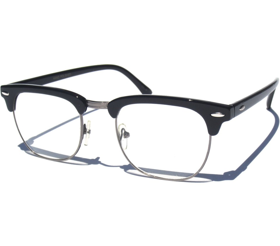 Half Frame Clear Lens Glasses Classic Black - Gunmetal Retro Browline ...