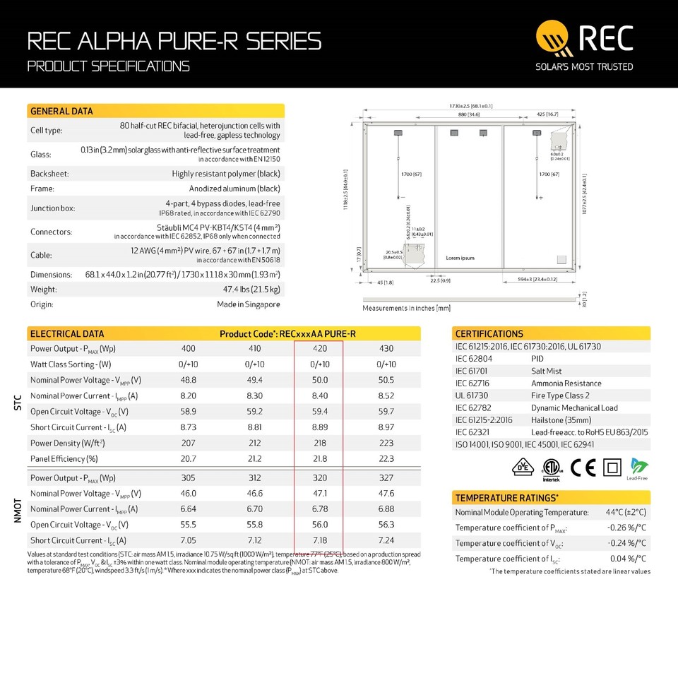 REC 420AA PURE-R BLACK Mono Solar Panel for High Efficiency Reliable ...