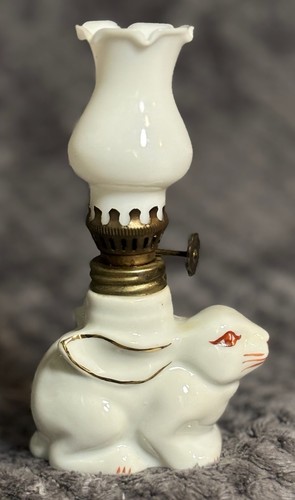 Vintage Miniature Milk Glass Bunny Rabbit Hobnail Brass Oil Lamp Hand ...