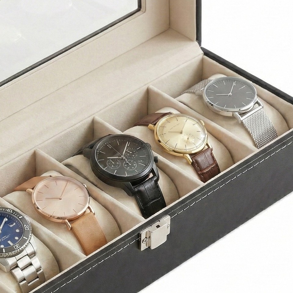 Watch Box 1/2-Tier Solid Watch Display Case Jewelry Storage Box 6/10/12 ...