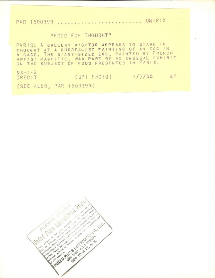 GA127 1966 Original Photo FOOD FOR THOUGHT Rene Magritte Surrealist Egg ...