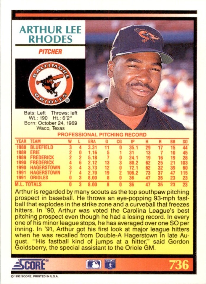 1992 Score Arthur Rhodes RC Baltimore Orioles #736A Baseball Card | eBay