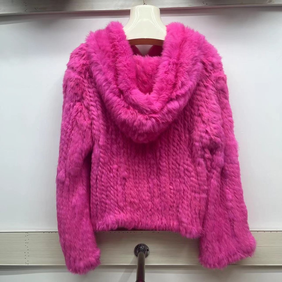 Women's Real Rabbit Fur Coat Fur Jacket Loose Manual Weave Hooded Flare ...