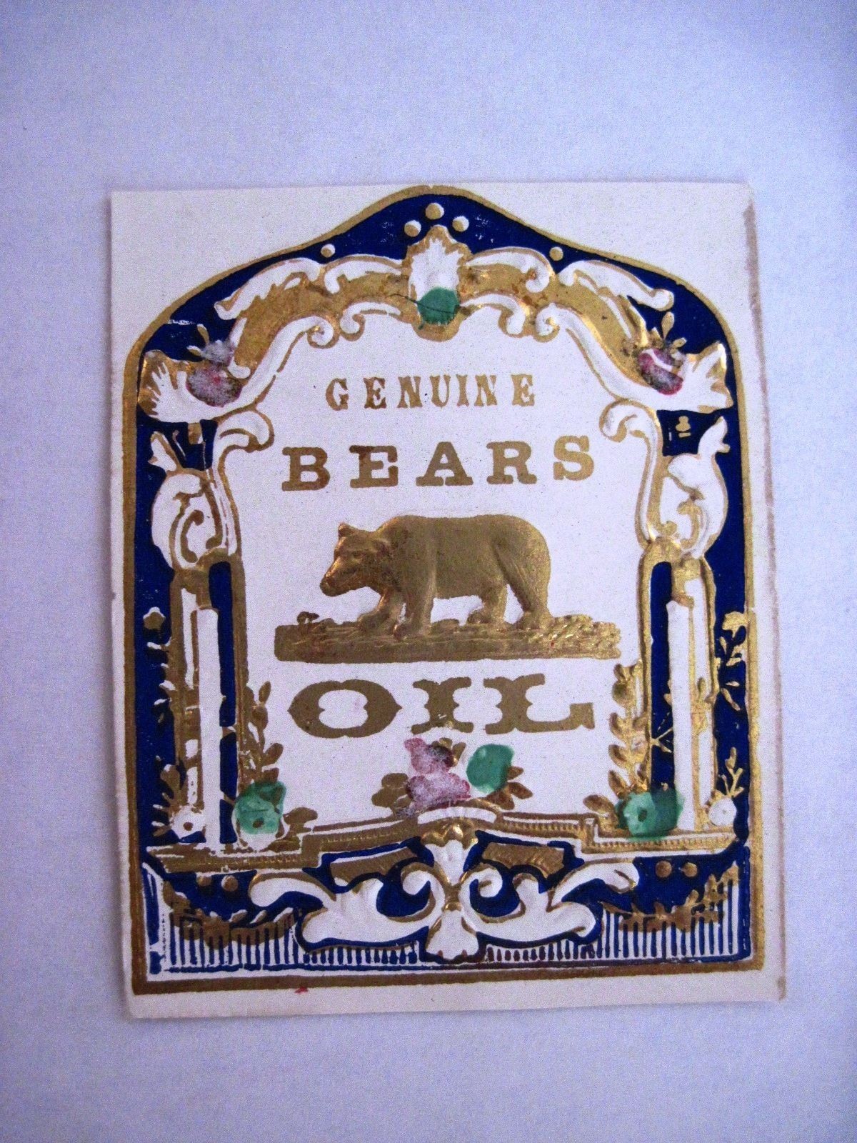 Small Vintage Advertising Label for "Bears Oil" w/ Beautiful Gold Leaf ...